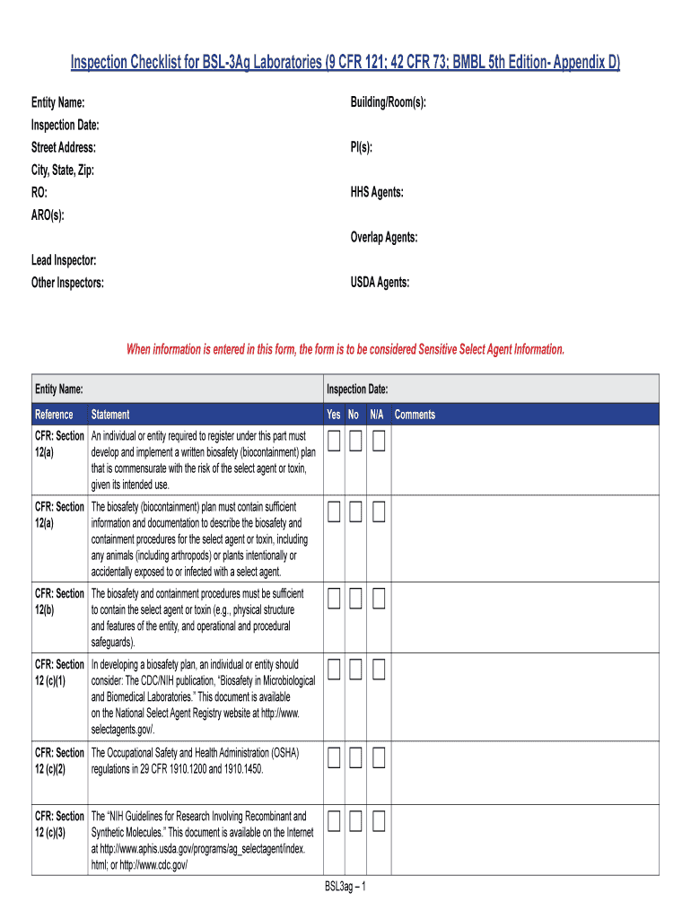 Fillable Online selectagents Inspection Checklist for BSL-3Ag ...