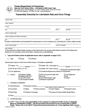 Fillable Online tdi texas Transmittal Checklist for Life Health Rate ...