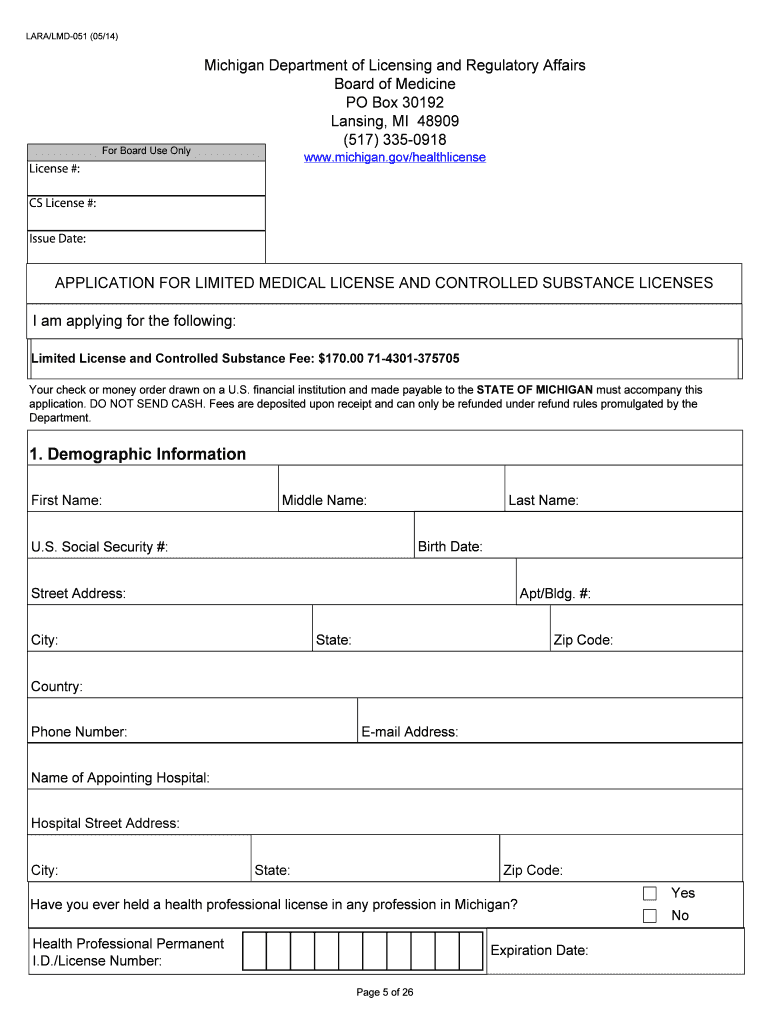 Fillable Online michigan MD Limited License Application - State of ...