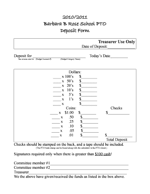 Fillable Online 2010/2011 Barbara B Rose School PTO Deposit Form Fax ...