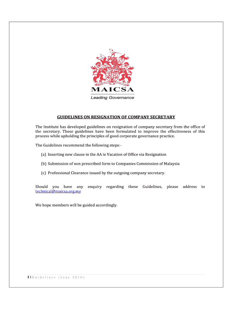 Fillable Online GUIDELINES ON RESIGNATION OF COMPANY SECRETARY Fax ...