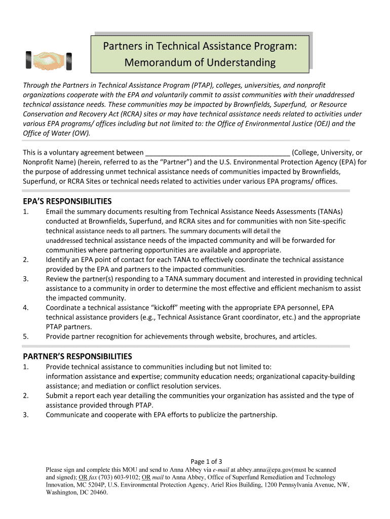 Fillable Online epa Partners in Technical Assistance Program: Memorandum of ... Fax Email Print ...