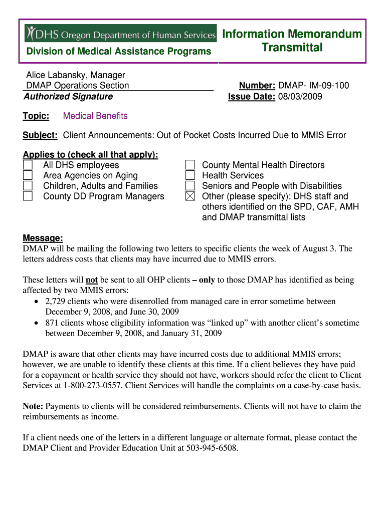 Fillable Online oregon DMAP IM 09-100. Clients who were disenrolled ...