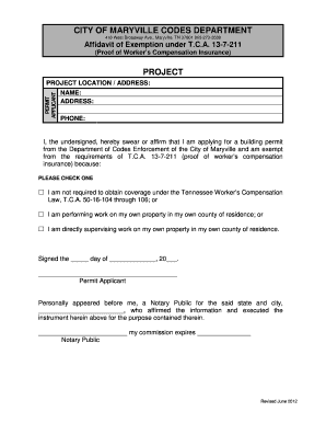 Fillable Online ci maryville tn WORKERS COMP AFFIDAVIT June 2012doc Fax ...