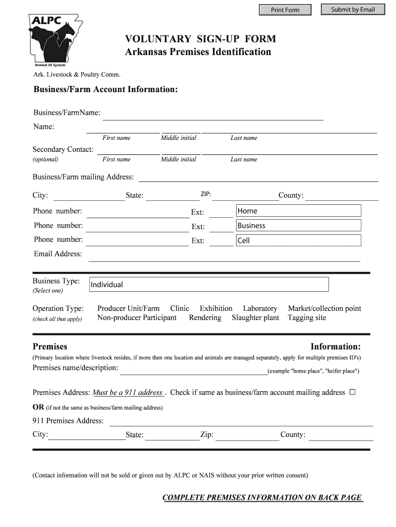 Fillable Online alpc arkansas Volunteer Premises Identification ...