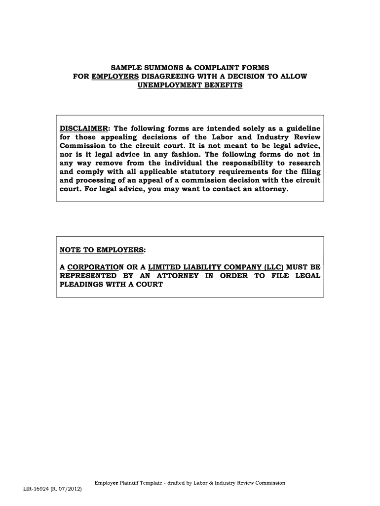 Fillable Online dwd wisconsin SAMPLE SUMMONS COMPLAINT FORMS FOR ...