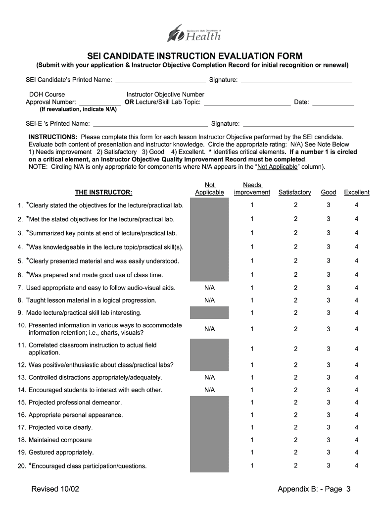 Fillable Online doh wa SEI CANDIDATE INSTRUCTION EVALUATION FORM - doh ...