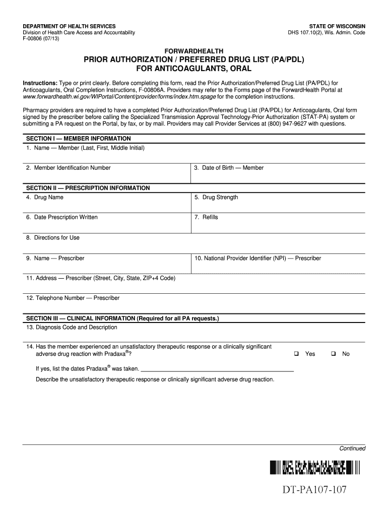 Fillable Online dhs wisconsin Prior authorization / preferred drug list (pa/pdl) for ...