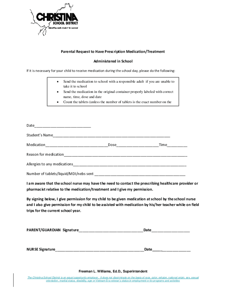 Fillable Online Parental Request to Have Prescription Medication ...