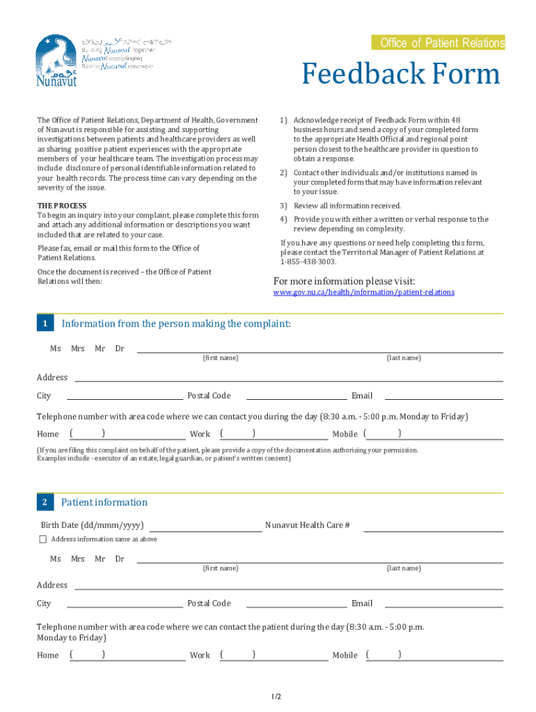 Fillable Online gov nu Feedback Form - Office of Patient Relations Fax ...