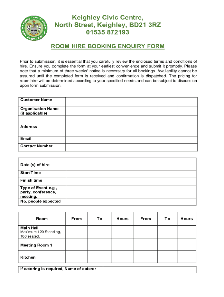 Fillable Online keighley gov Room Booking Form. Booking Form Fax Email Print - pdfFiller