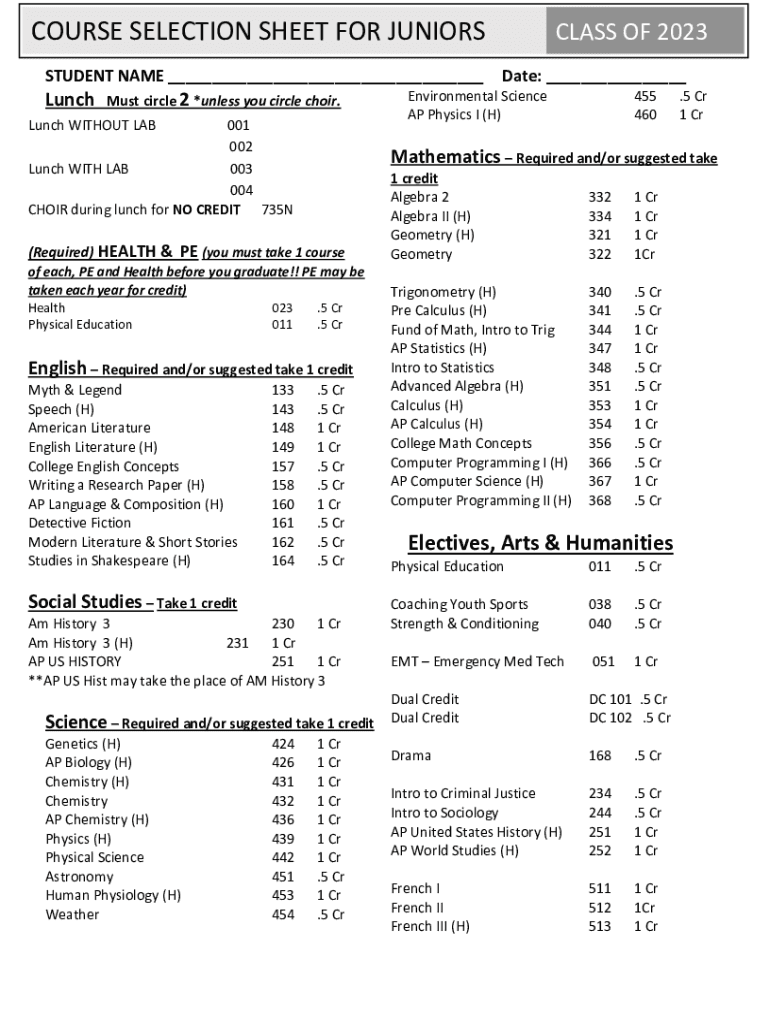 Fillable Online 9th grade Course Selection Sheet ... Fax Email Print ...
