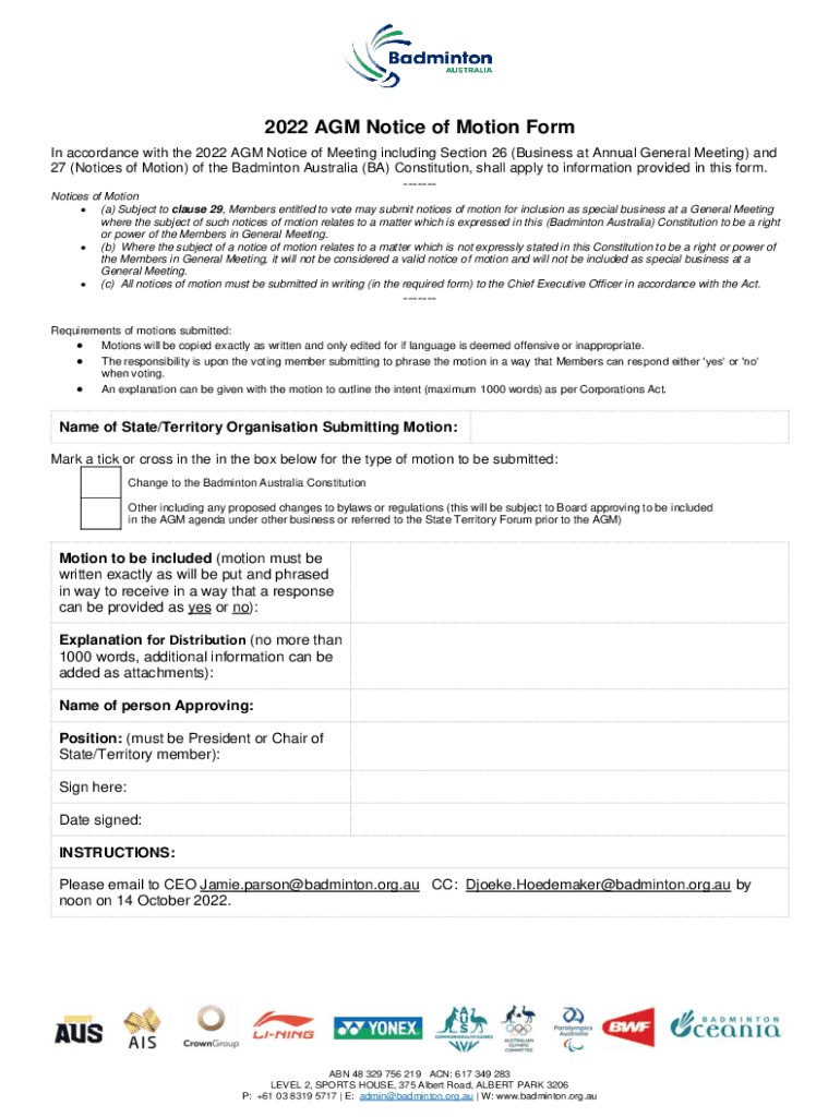 Fillable Online 2022 AGM Notice of Motion Form Fax Email Print - pdfFiller