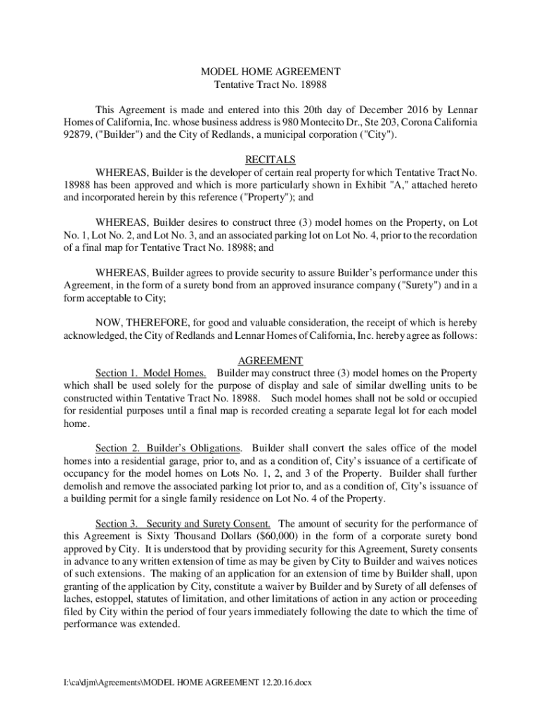 Fillable Online MODEL HOME AGREEMENT Tentative Tract No. 18988 Fax ...