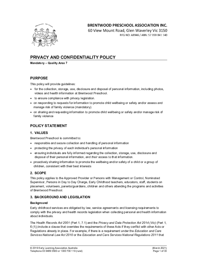 Fillable Online Privacy and Confidentiality PolicyBrentwood Preschool ...