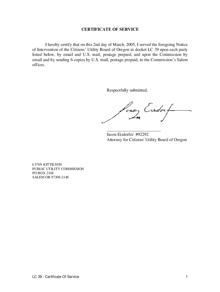 Fillable Online CERTIFICATE OF SERVICE I hereby certify that on this ...