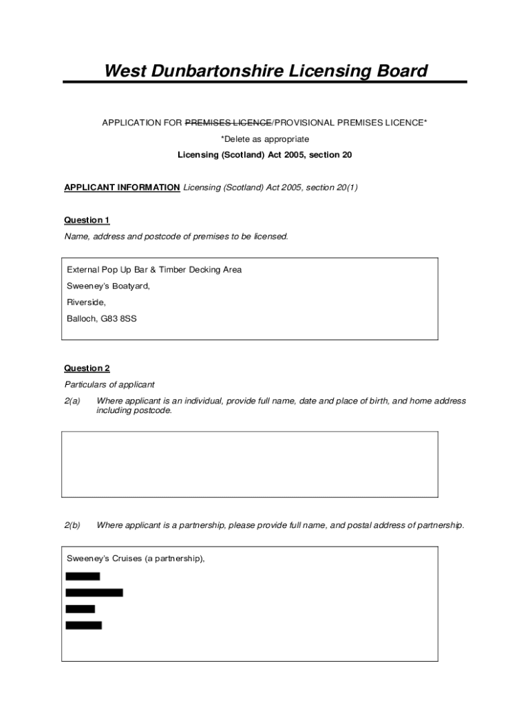 Fillable Online Application for provisional premises licence - Sweeney ...