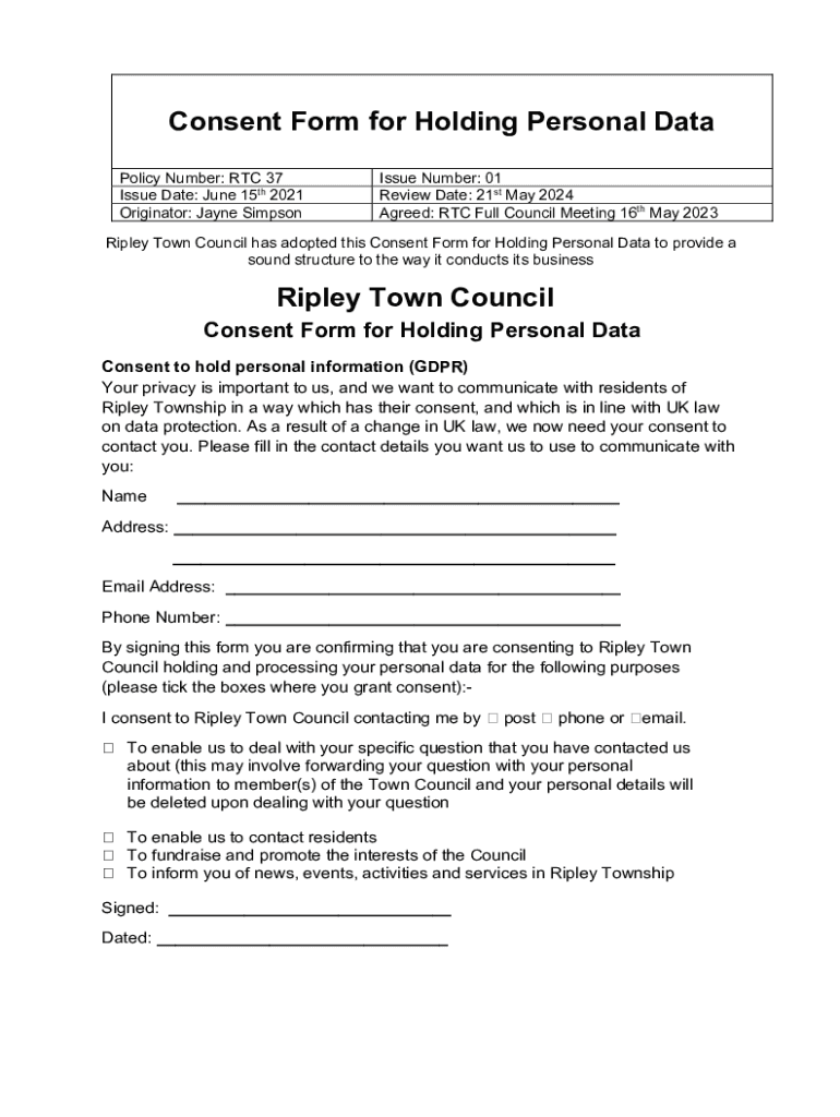 Fillable Online Consent Form for Holding Personal Data Fax Email Print ...
