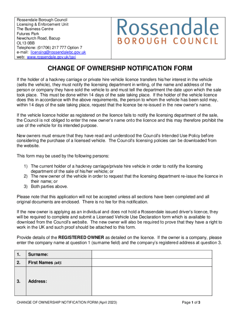 Fillable Online CHANGE OF OWNERSHIP NOTIFICATION FORM Fax Email Print ...