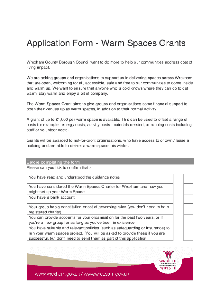 Fillable Online Application Form - Warm Spaces Grants Fax Email Print ...