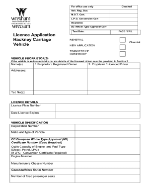 Fillable Online Hackney Carriage Vehicle Licence Application Form ...