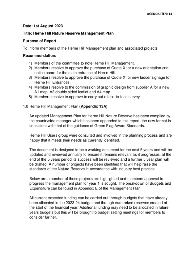 Fillable Online Herne Hill Nature Reserve Management Plan Purpose of ...