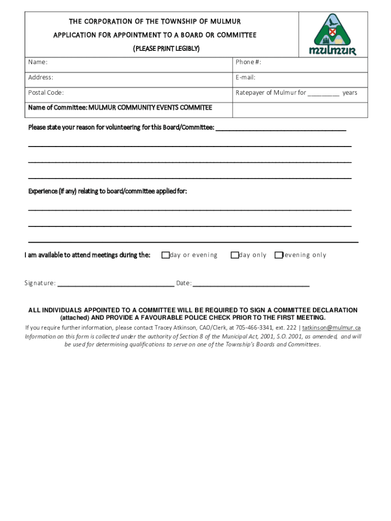 Fillable Online Appointment to Town Boards/Committees Application Form ...