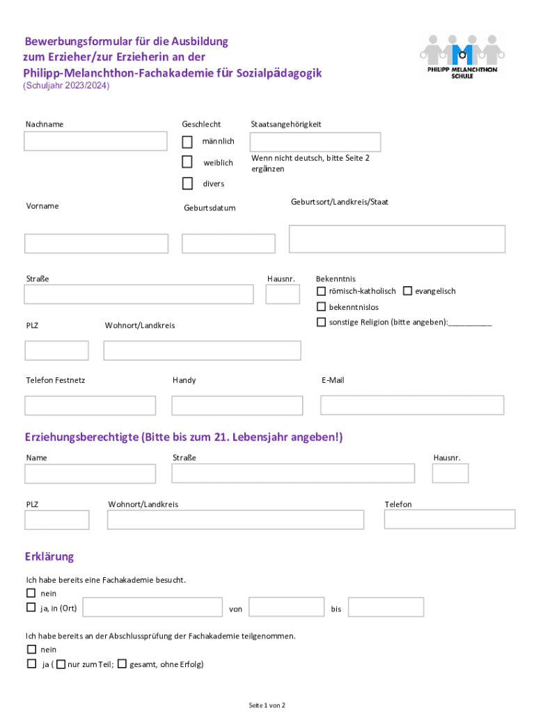 Ausfüllbar Online Bewerbungsformular fr die Ausbildung zum Erzieher/ ... Fax Email Drucken ...