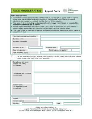 Fillable Online Food Hygiene Rating - Appeal Form. Food Hygiene Rating ...