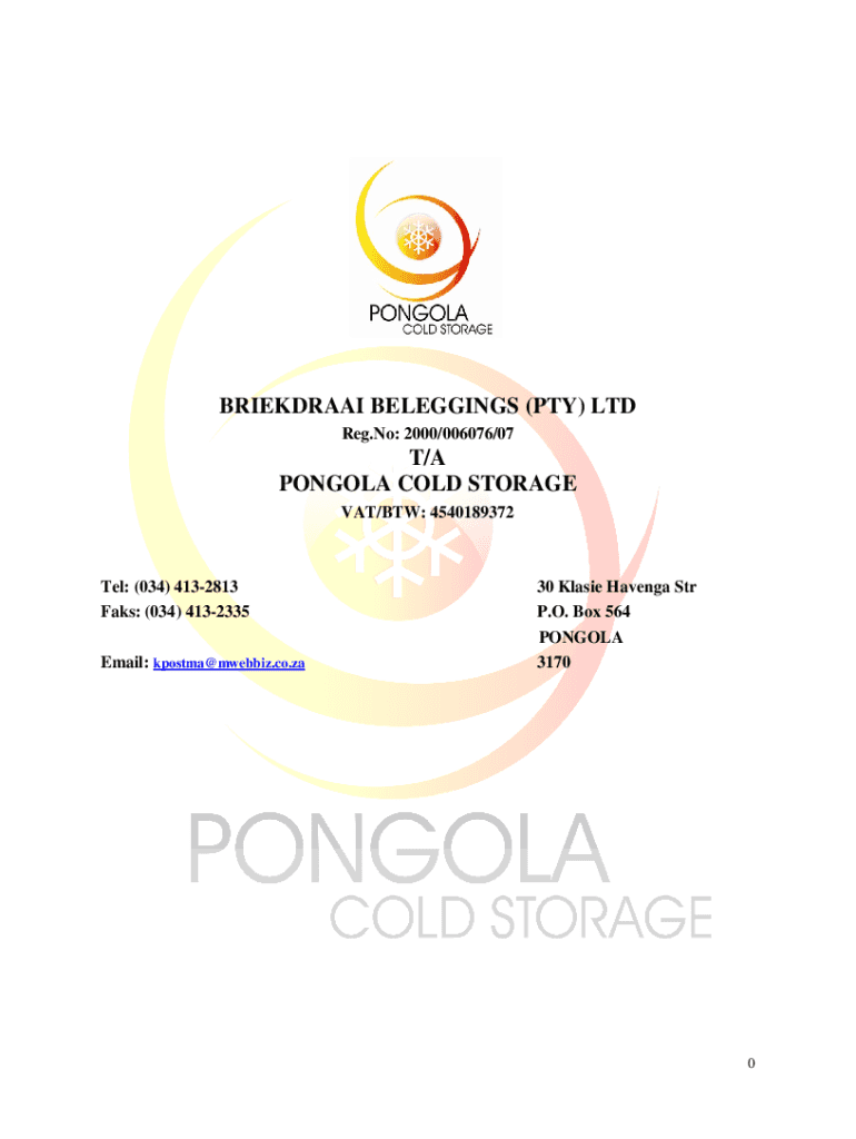 Fillable Online Pongola Cold StorageFocused on your business Fax Email ...