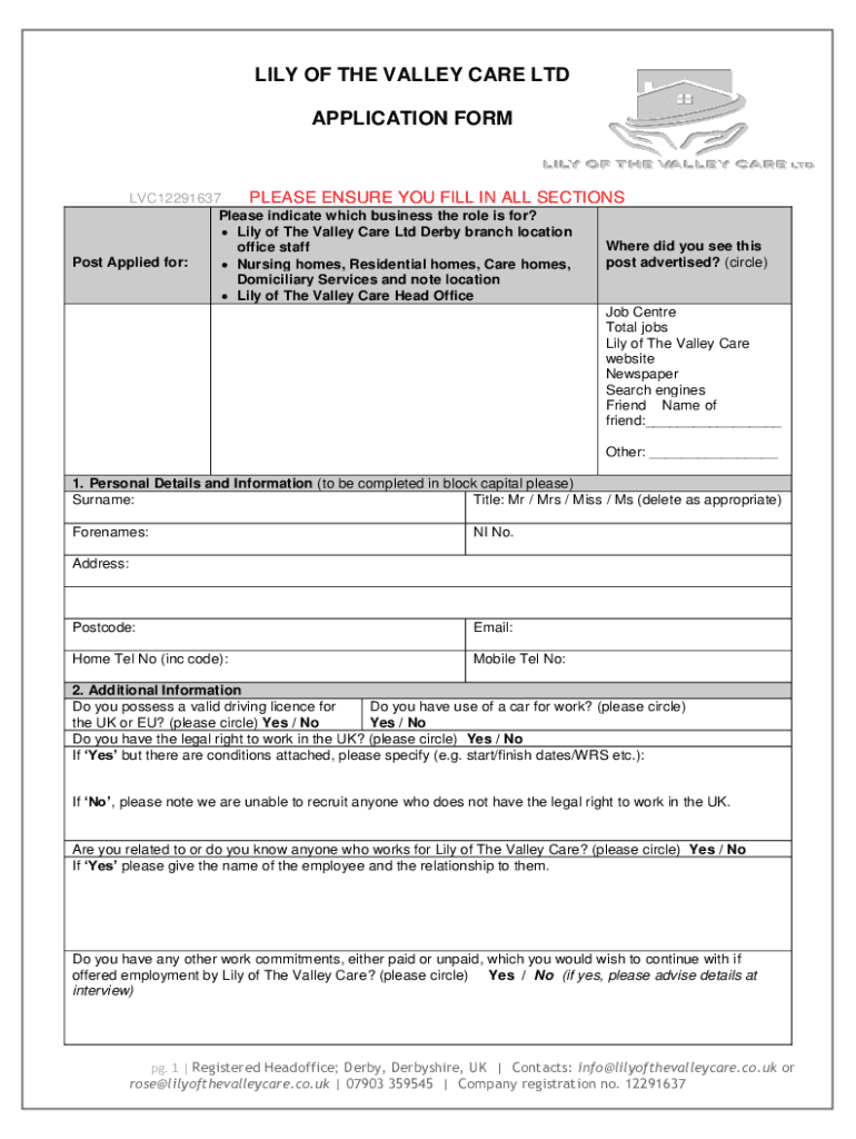 Fillable Online LILY OF THE VALLEY CARE LTD APPLICATION FORM Fax Email ...