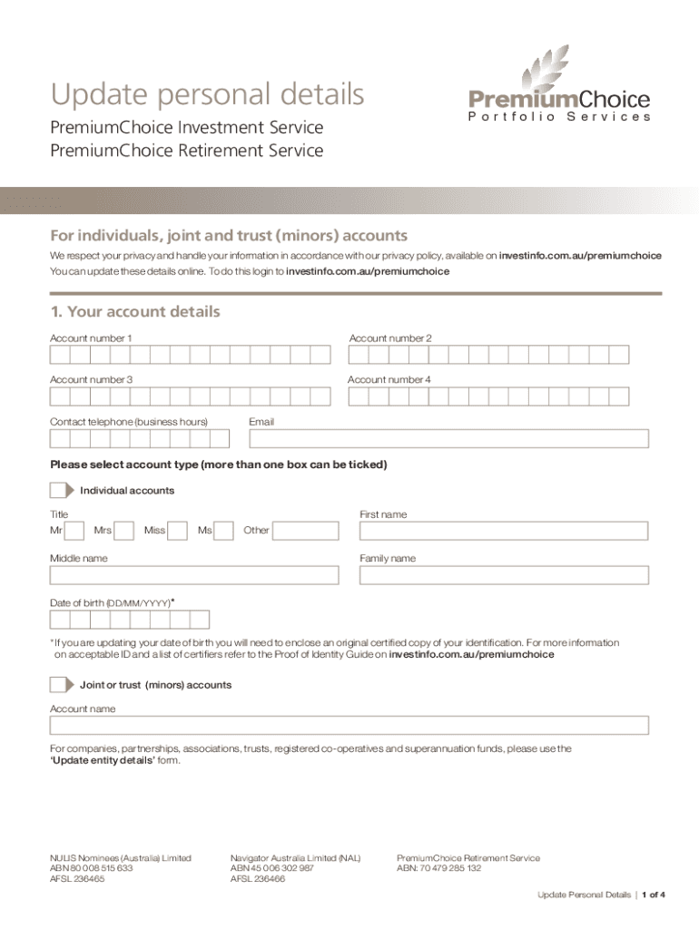 Fillable Online Update personal details - PremiumChoice Investment ... - Login Fax Email Print ...