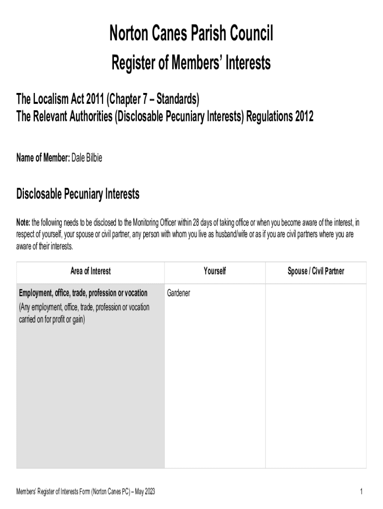 Fillable Online Register of Interests Form - Dale Bilbie (Norton Canes ...