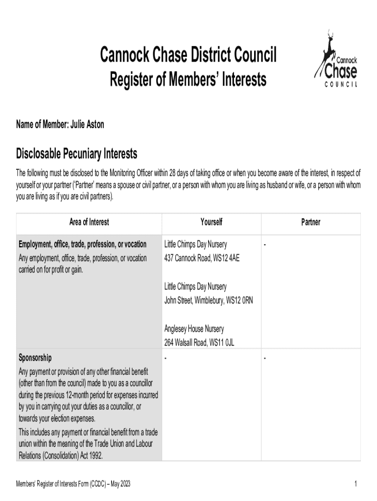 Fillable Online Register of Interests Form CCDC (Julie Aston) Fax Email ...