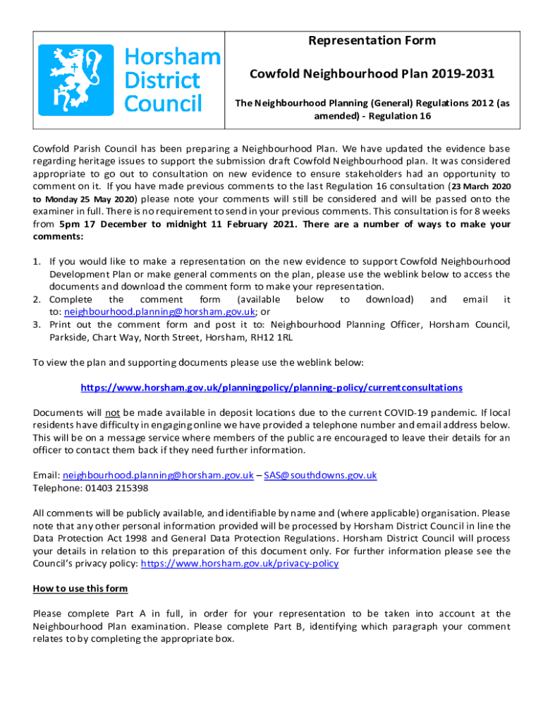 Fillable Online Representation Form Cowfold Neighbourhood Plan 2019 ...