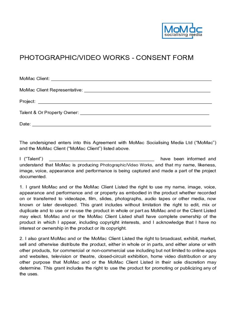 Fillable Online PHOTOGRAPHIC/VIDEO WORKS - CONSENT FORM Fax Email Print ...