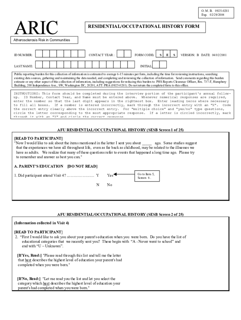 Fillable Online Instructions for the Residential/Occupational History ...