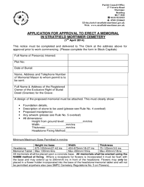 Fillable Online APPLICATION FOR APPROVAL TO ERECT A MEMORIAL ... Fax ...
