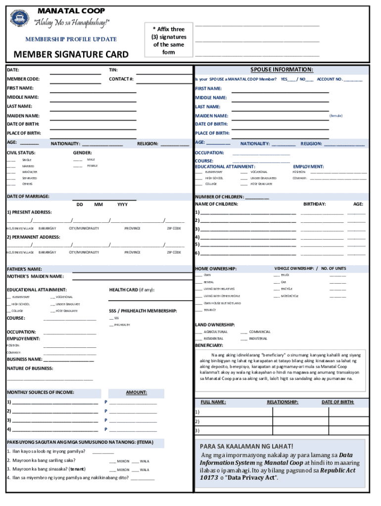 Fillable Online MEMBER SIGNATURE CARD Fax Email Print - pdfFiller