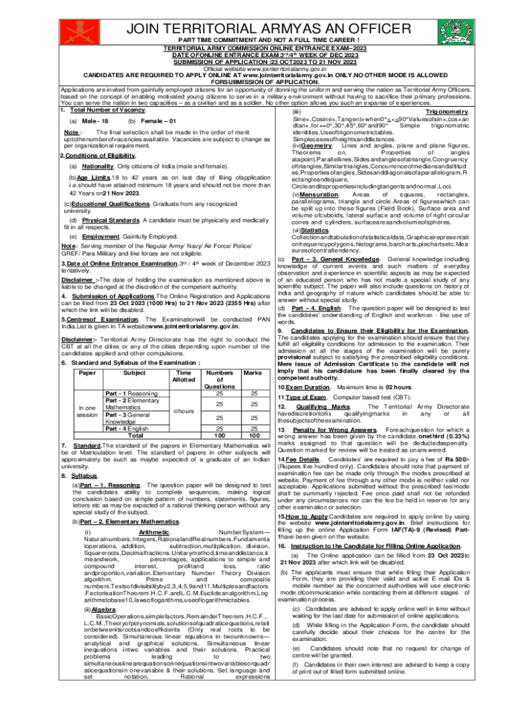 Fillable Online Join Territorial Army Officer Online Form 2023 for 19 ...