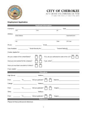 Fillable Online City of Cherokee - Employment Application Fax Email Print - pdfFiller