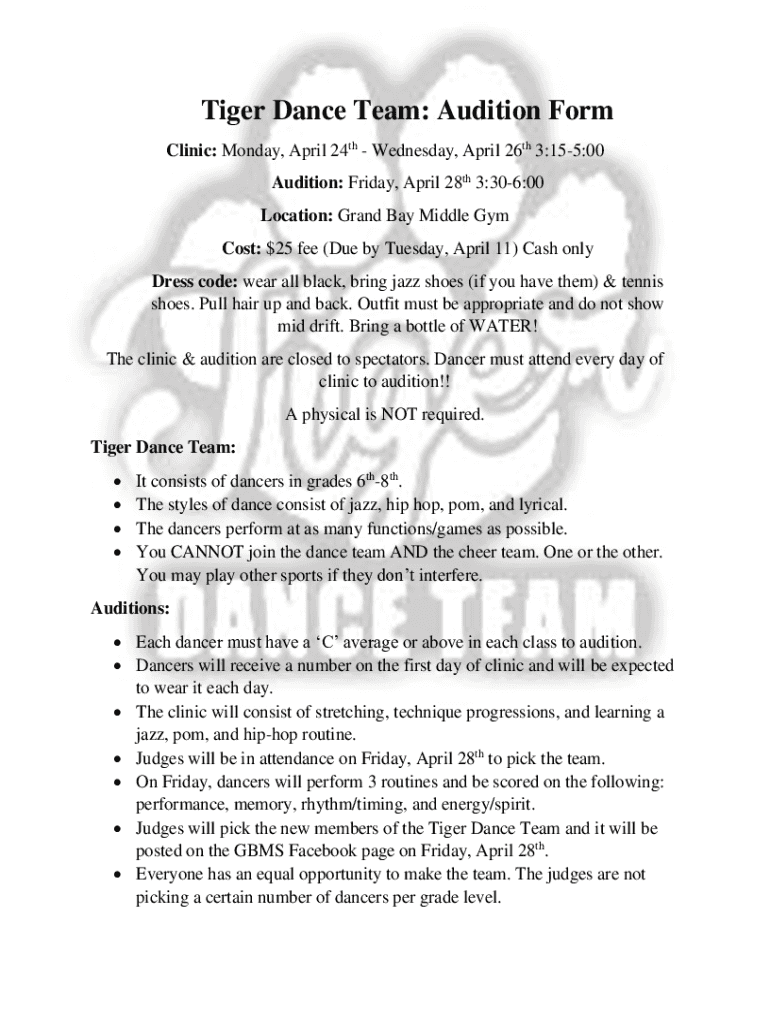 Fillable Online Tiger Dance Team: Audition Form - Connect Suite Fax ...