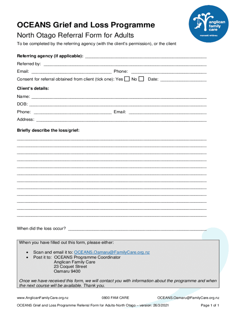 Fillable Online anglicanfamilycare org OCEANS Grief and Loss Programme ...