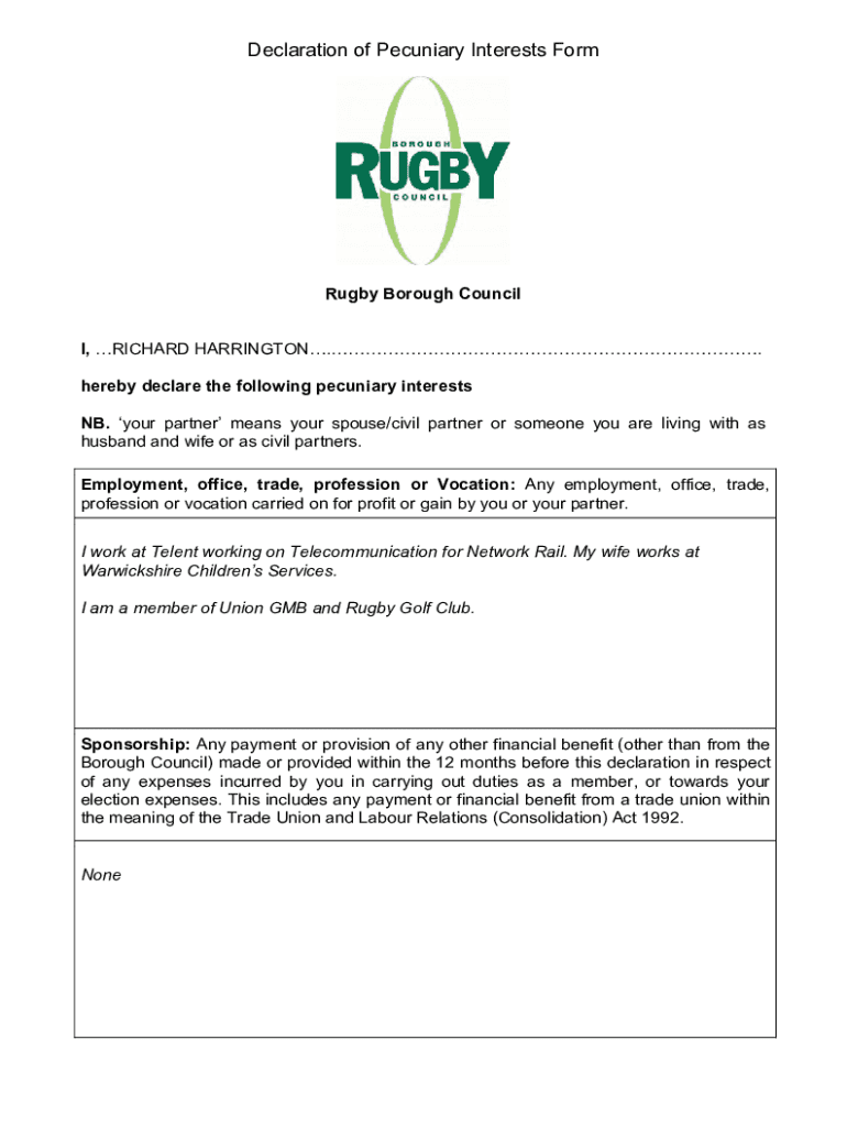Fillable Online Declaration of Pecuniary Interests Form - Cllr ...