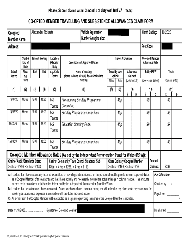 Fillable Online democracy swansea gov TRAVEL & SUBSISTENCE GUIDANCE FOR ...
