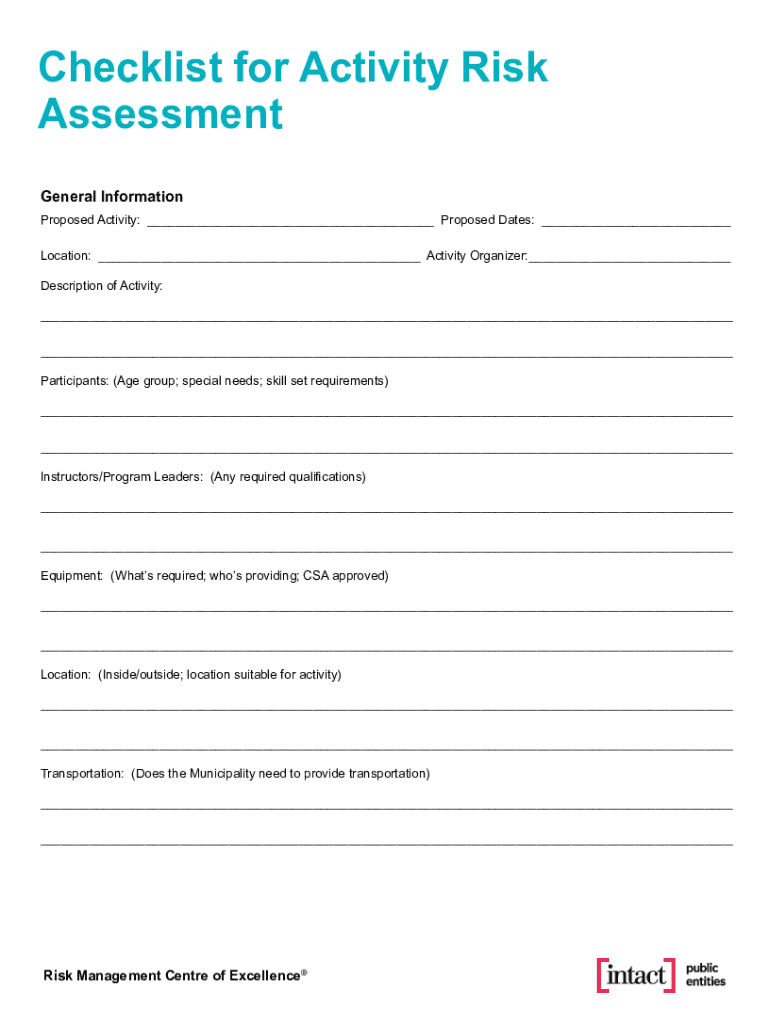 Fillable Online Checklist for Activity Risk Assessment. Checklist for ...