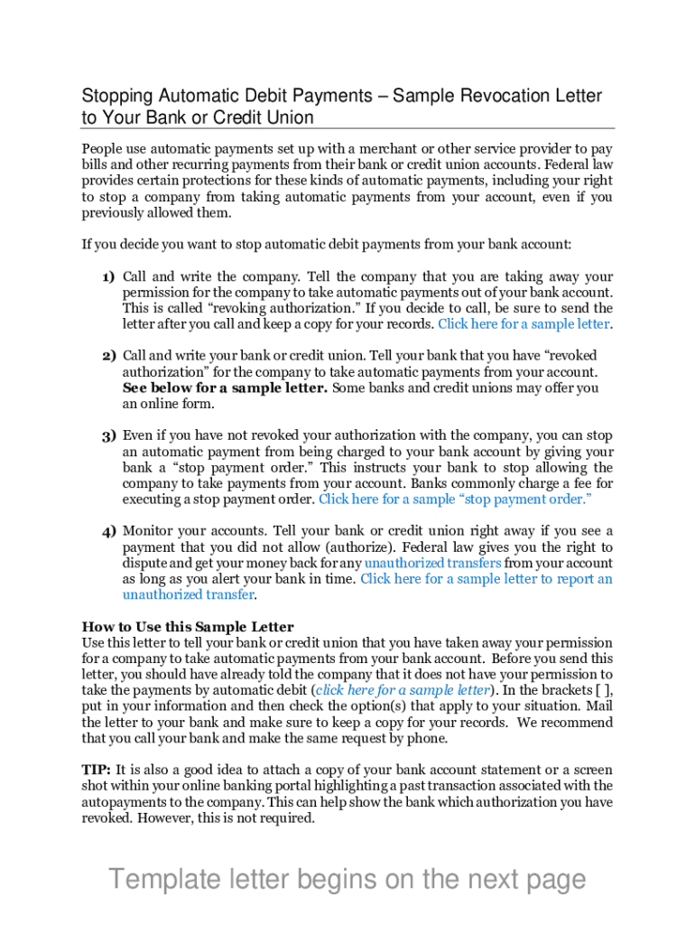 Fillable Online Sample Revocation Letter To Your Bank Or Credit Union ...