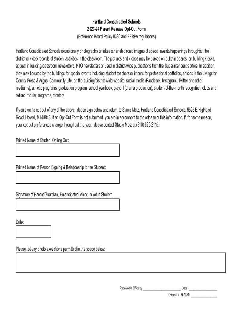 Fillable Online Parent Opt out agreement Fax Email Print - pdfFiller