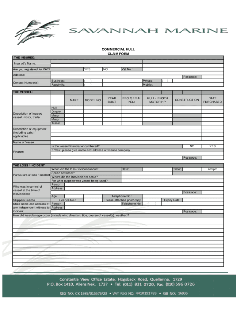Fillable Online COMMERCIAL HULL CLAIM FORMSavannah Marine Fax Email ...