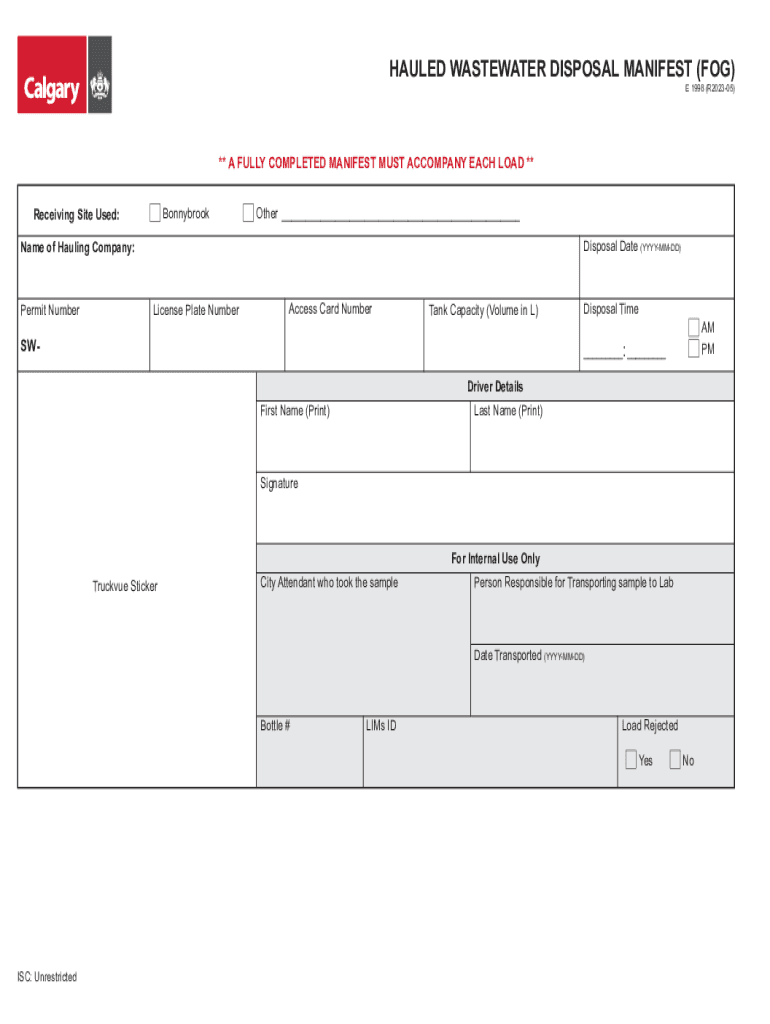 Fillable Online Septage and FOG disposal locations and hours Fax Email ...